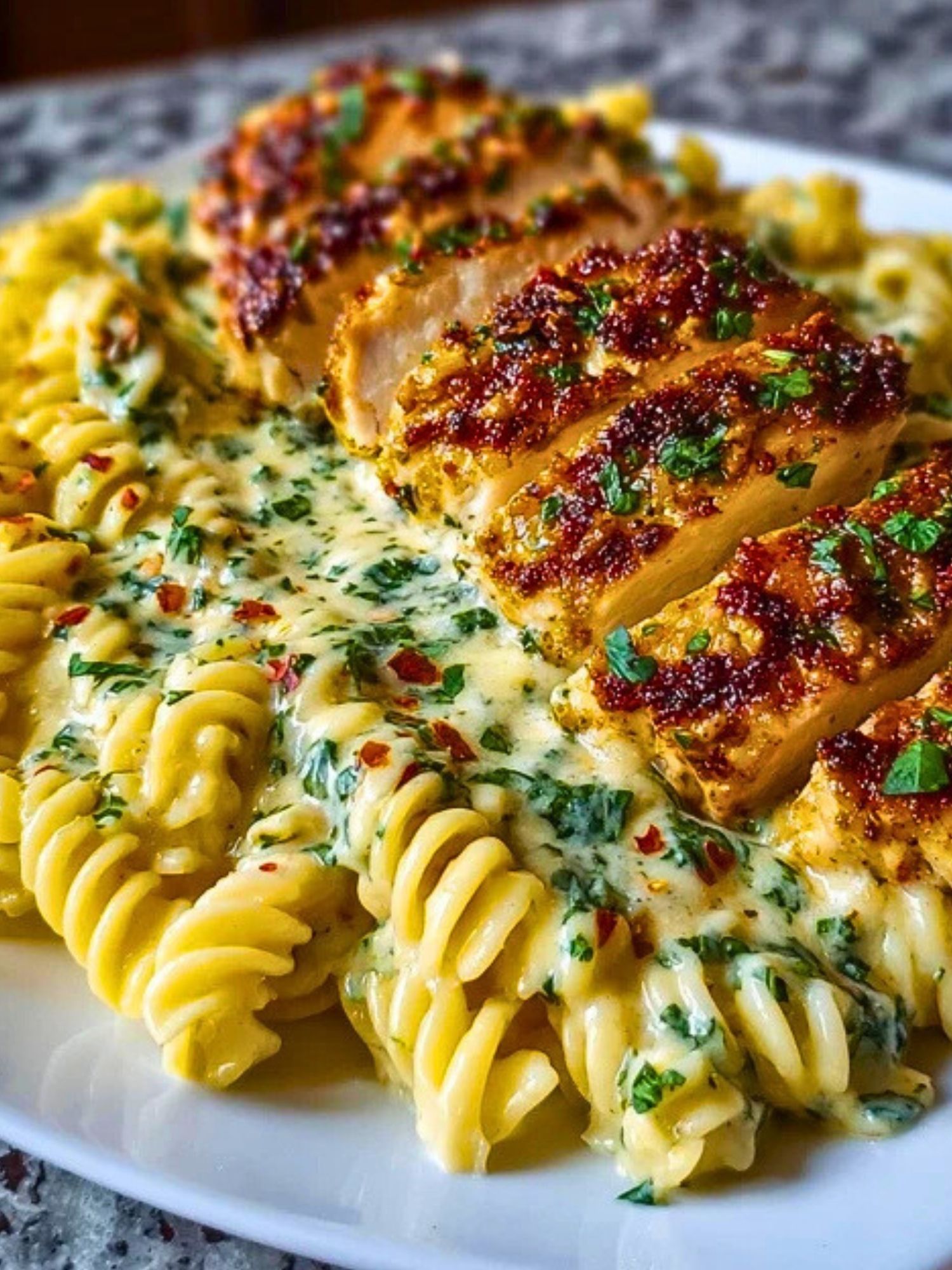 Cheesy Twisted Pasta with Creamy Garlic Parmesan Chicken