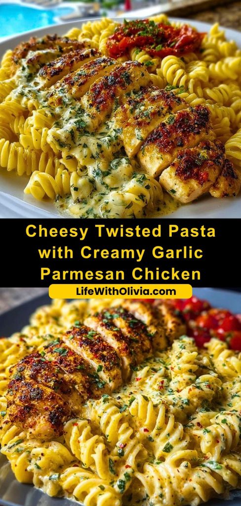 Cheesy Twisted Pasta with Creamy Garlic Parmesan Chicken