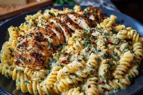 Cheesy Twisted Pasta with Creamy Garlic Parmesan Chicken