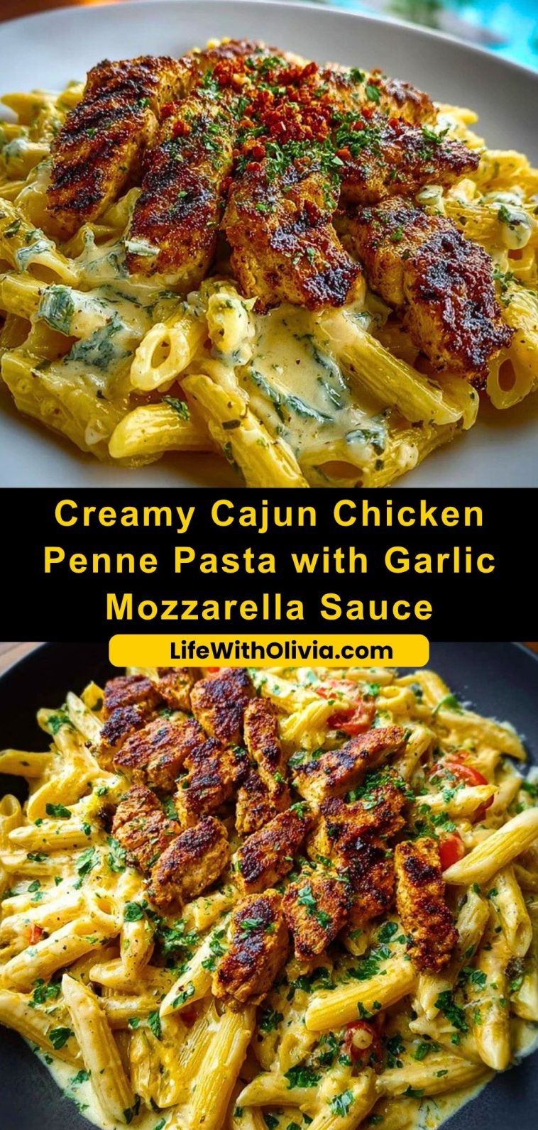 Creamy Cajun Chicken Penne Pasta with Garlic Mozzarella Sauce