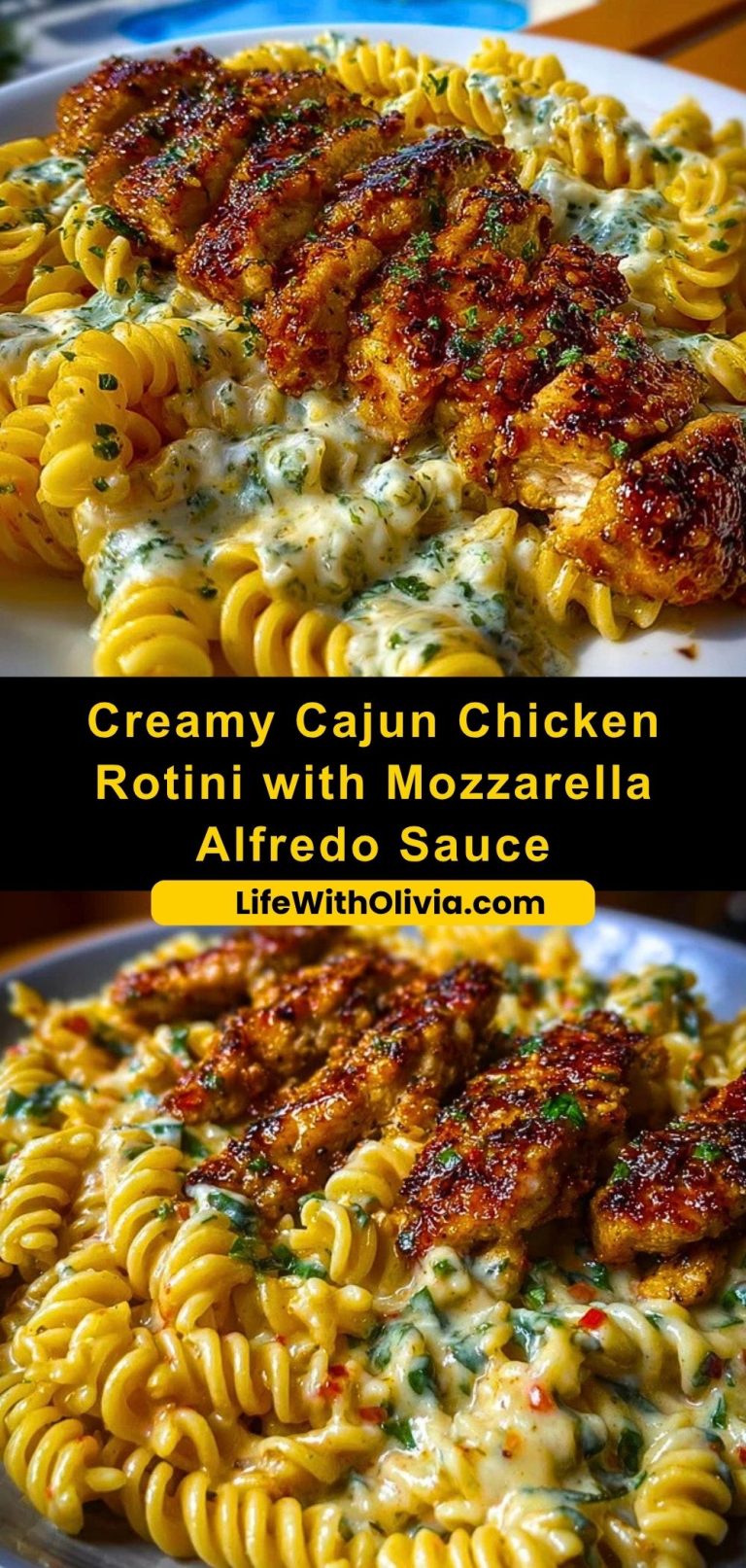 Creamy Cajun Chicken Rotini with Mozzarella Alfredo Sauce