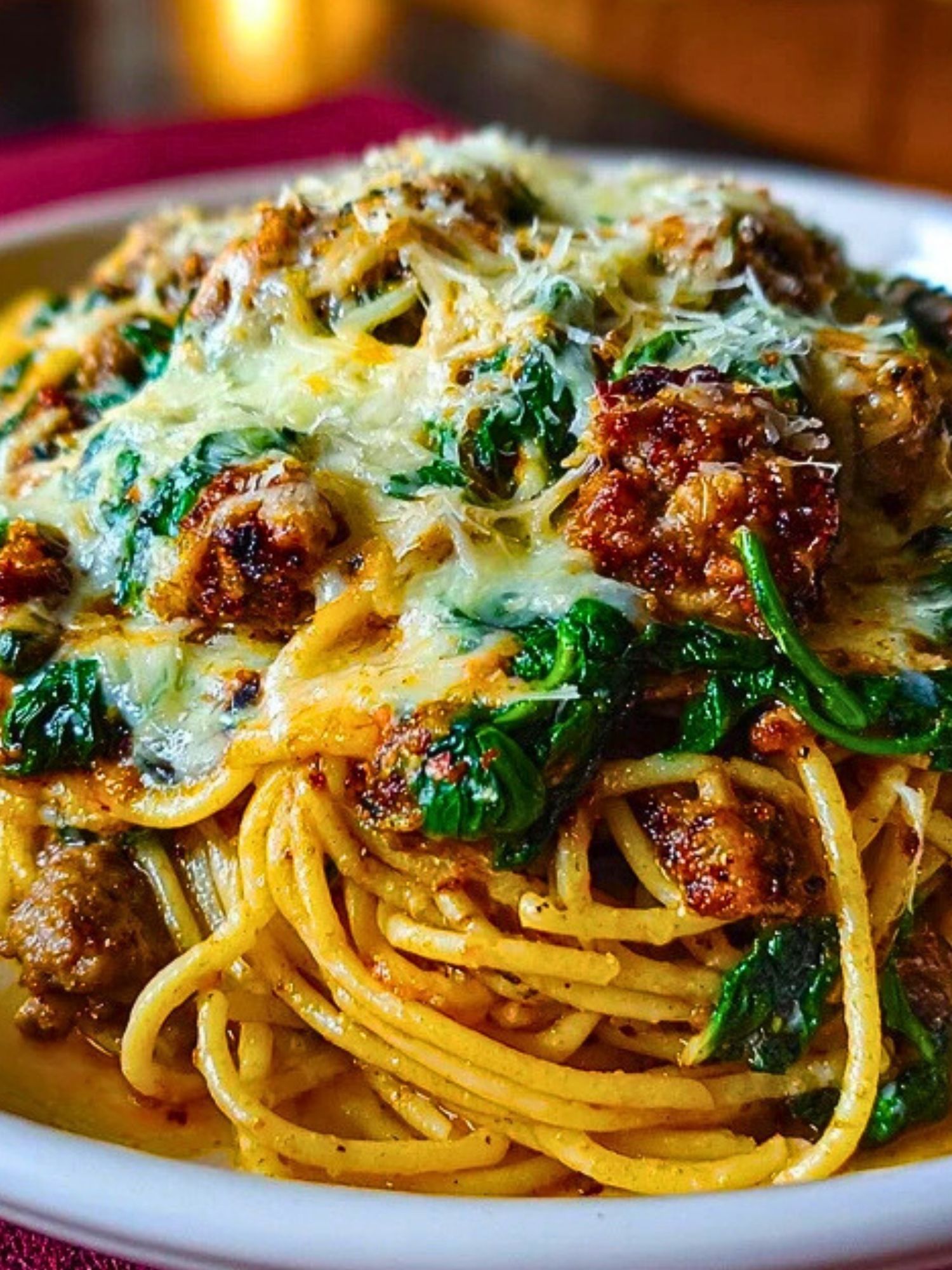 Garlic Butter Spaghetti with Cheesy Italian Sausage and Spinach