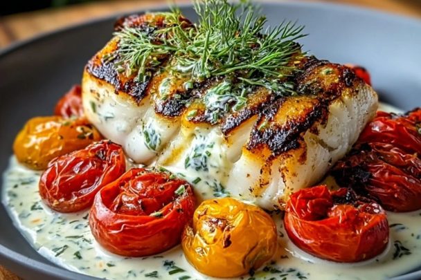 Grilled Cod with Roasted Tomatoes & Creamy Dill Sauce