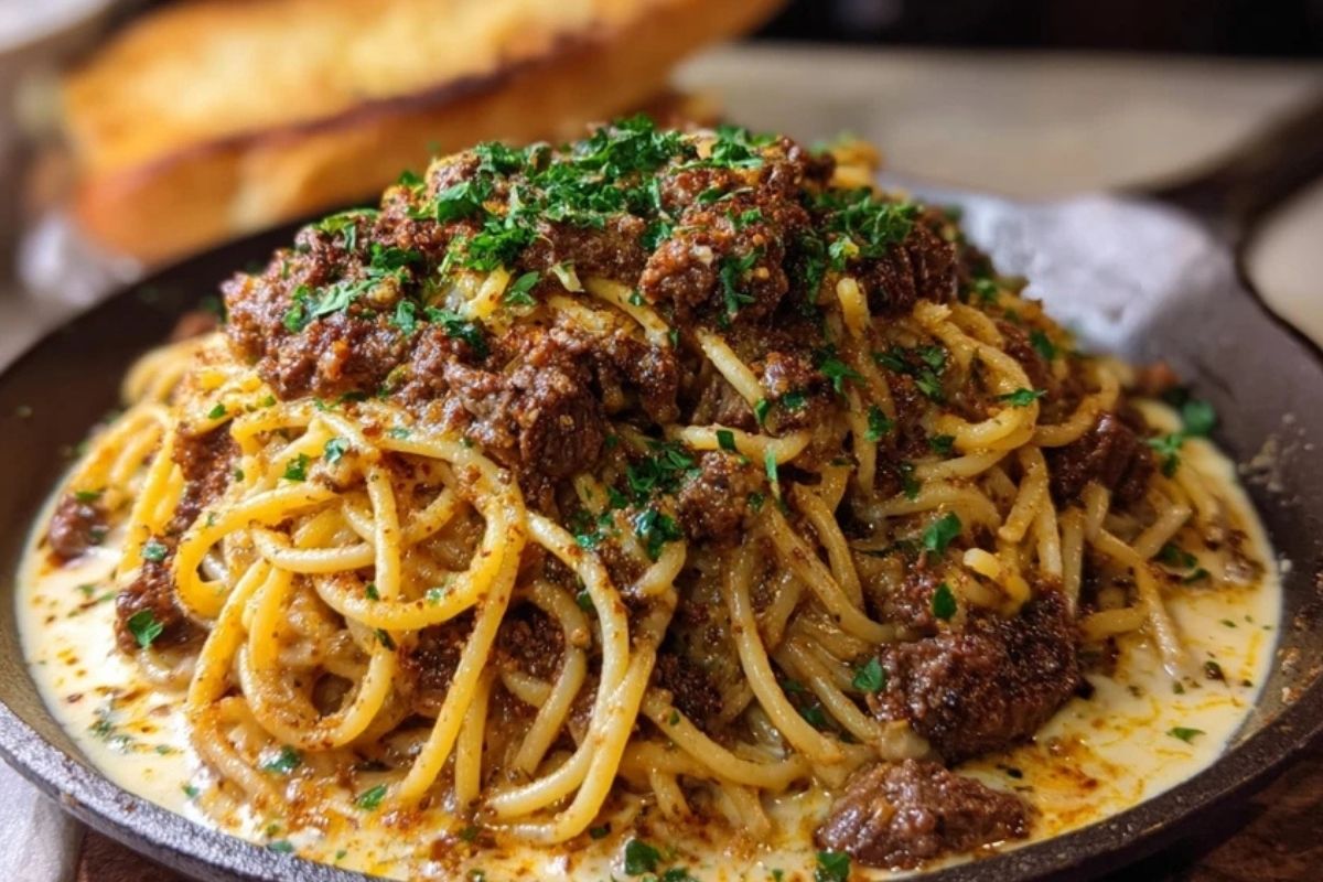 Cajun Beef Spaghetti in Creamy Three-Cheese Parmesan Sauce