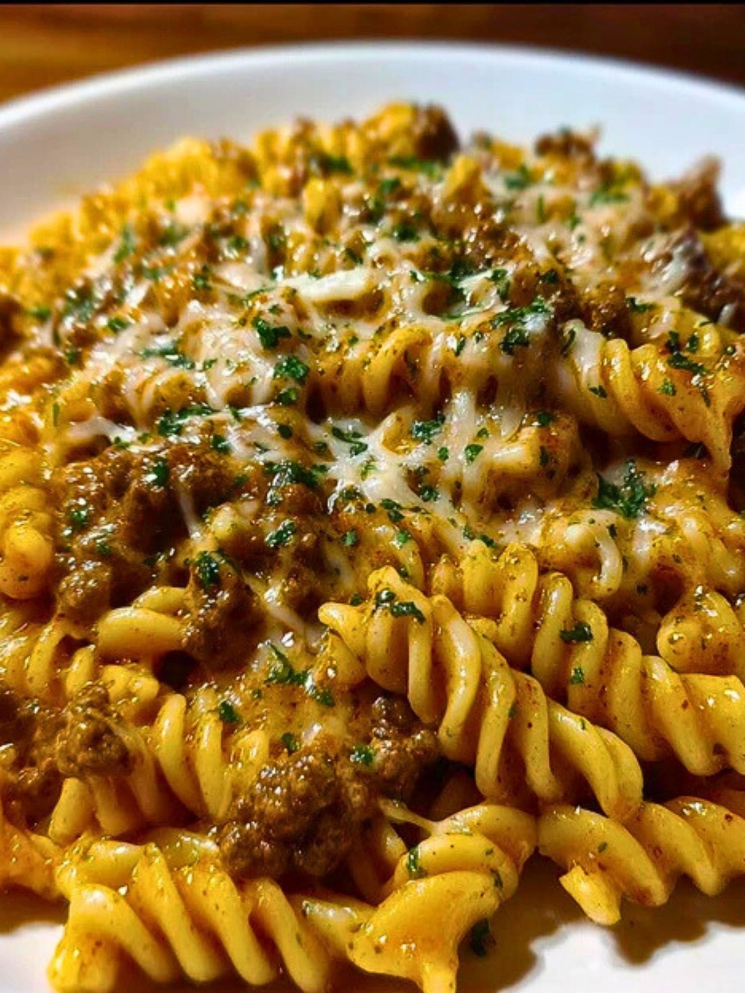 Cheesy Rotini Pasta with Garlic Butter Sauce and Ground Beef