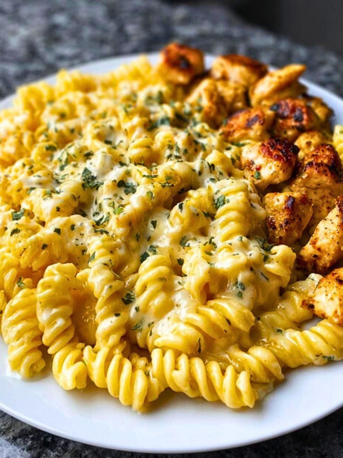 Cheesy Velveeta Chicken Twisted Pasta with Mozzarella Garlic Sauce