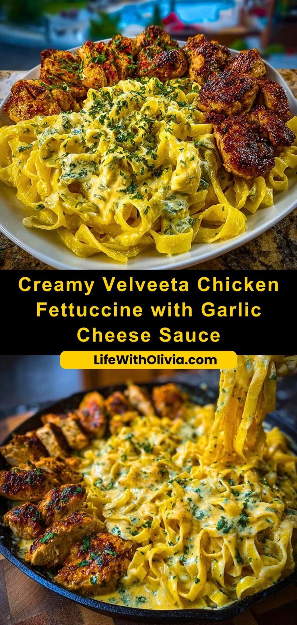 Creamy Velveeta Chicken Fettuccine with Garlic Cheese Sauce
