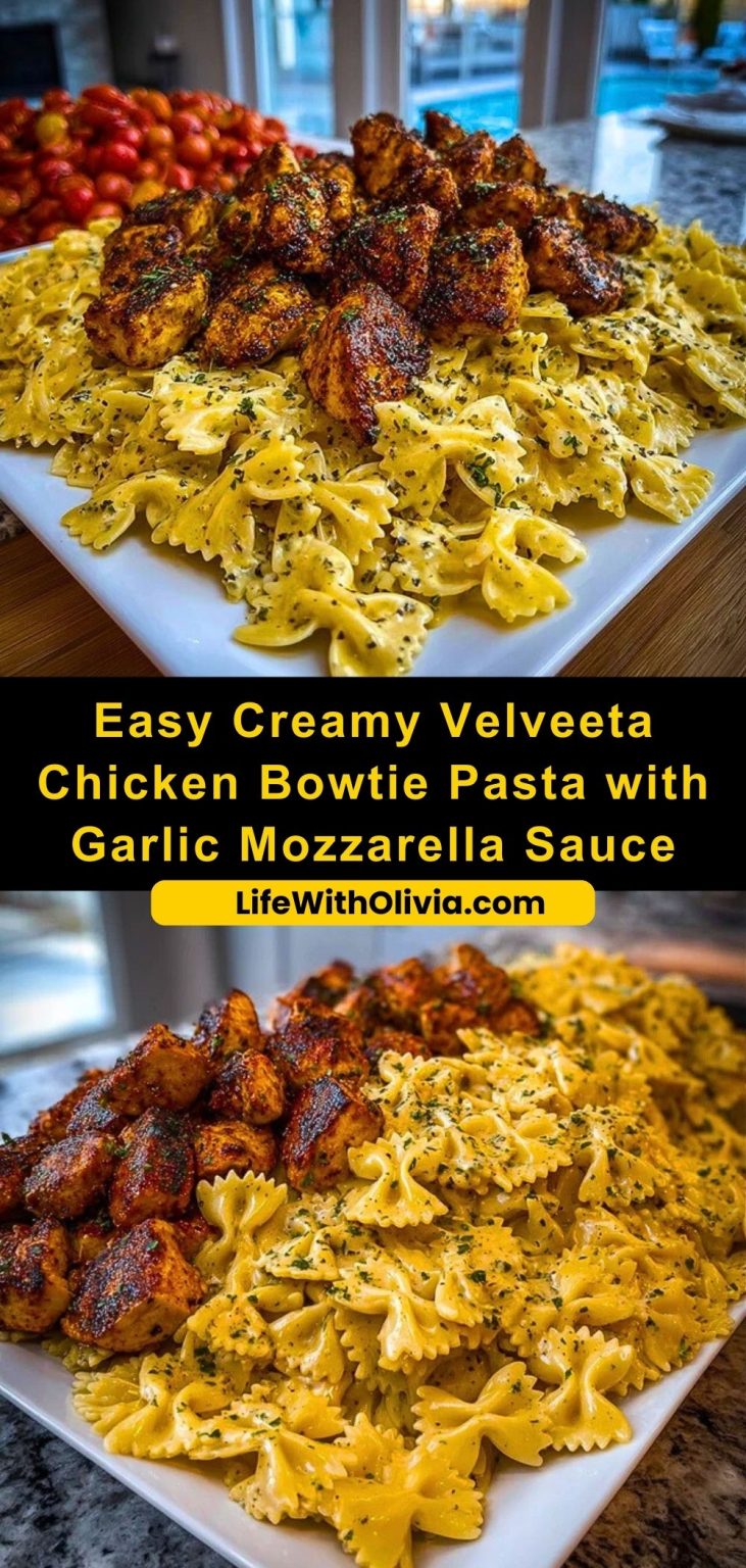 Easy Creamy Velveeta Chicken Bowtie Pasta with Garlic Mozzarella Sauce