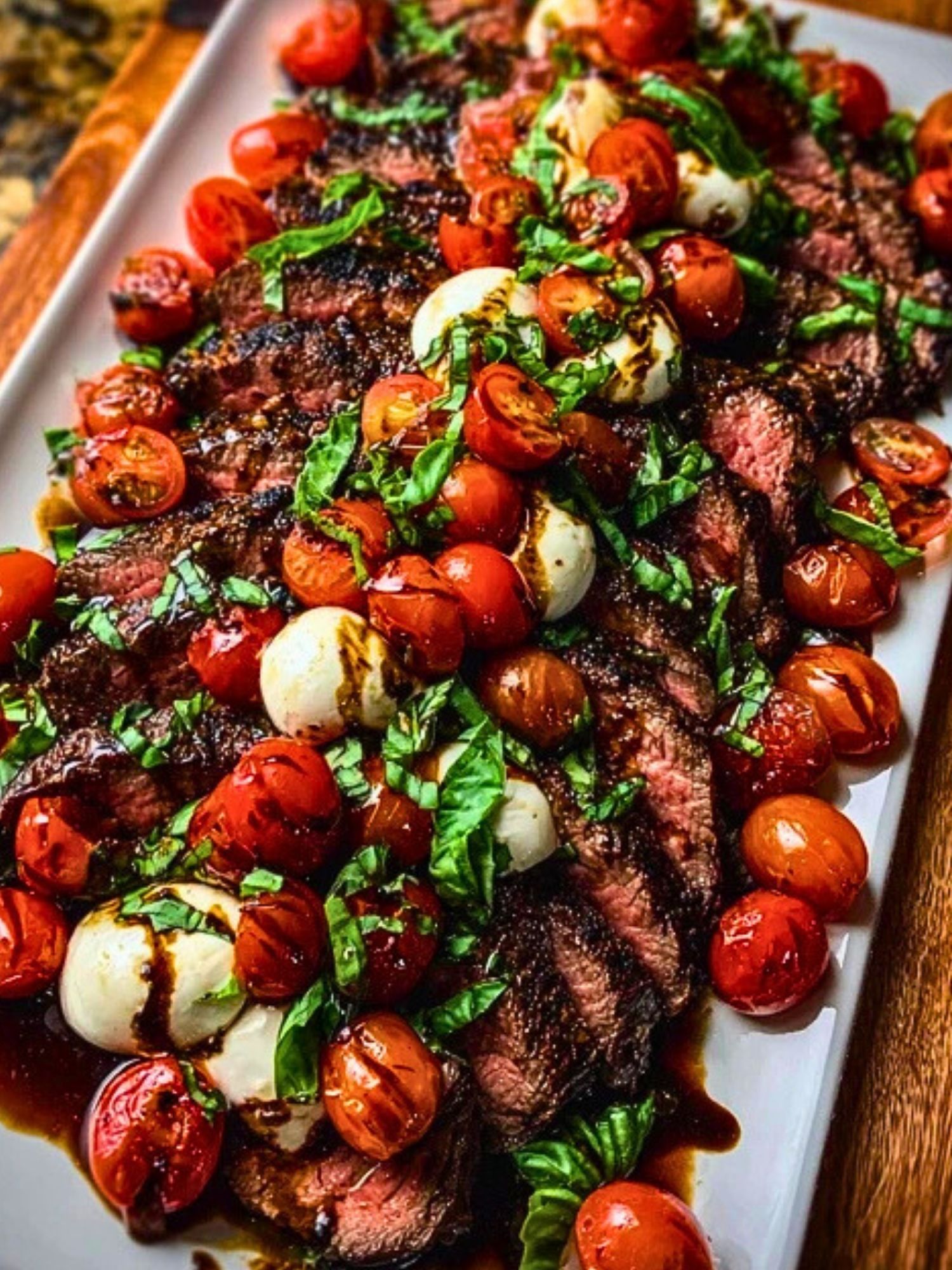 Grilled Balsamic Steak Caprese with Mozzarella, Tomatoes, and Basil