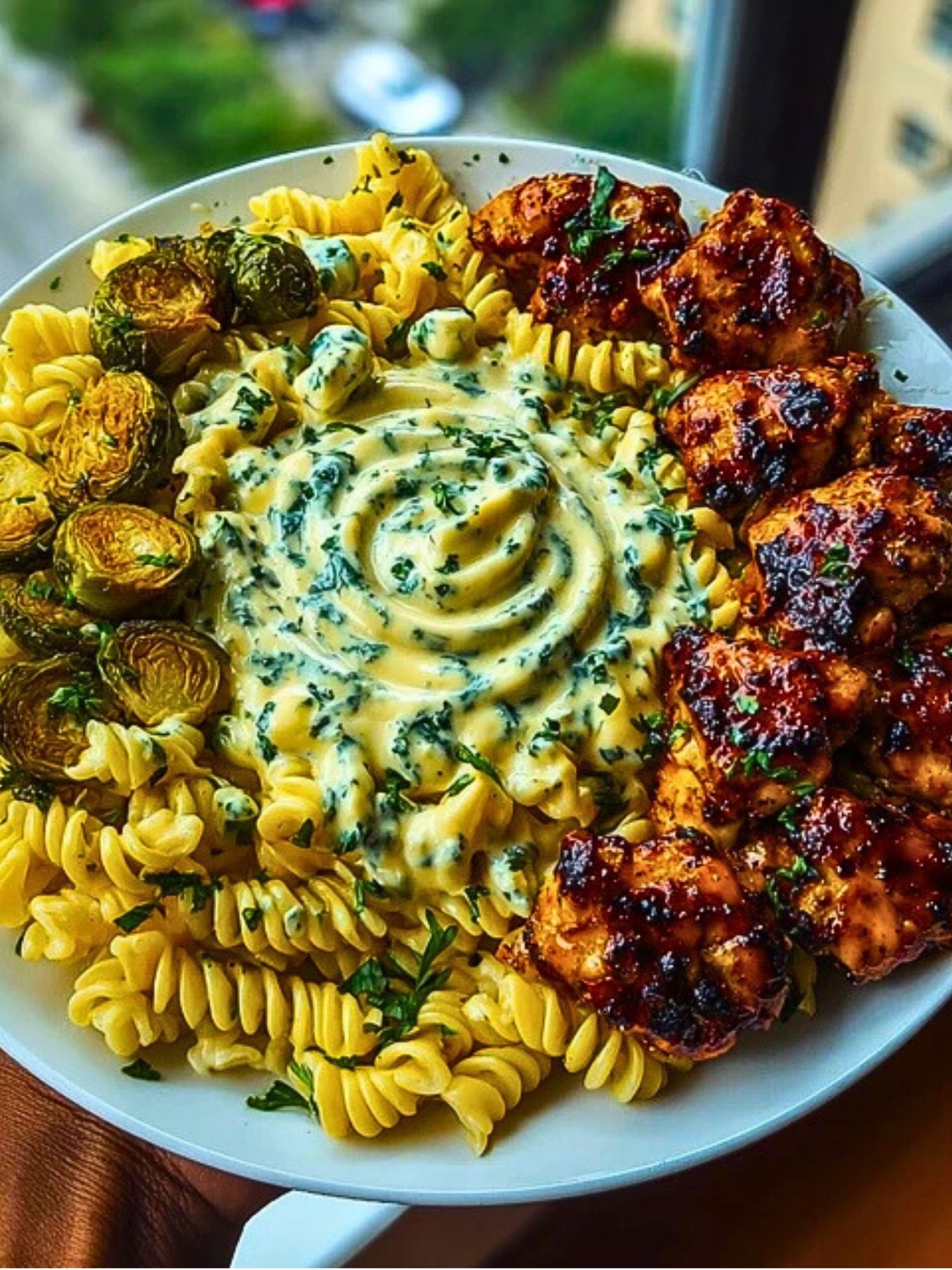 Hot Honey Cajun Chicken Alfredo with Basil Feta Swirl & Crispy Brussels ...