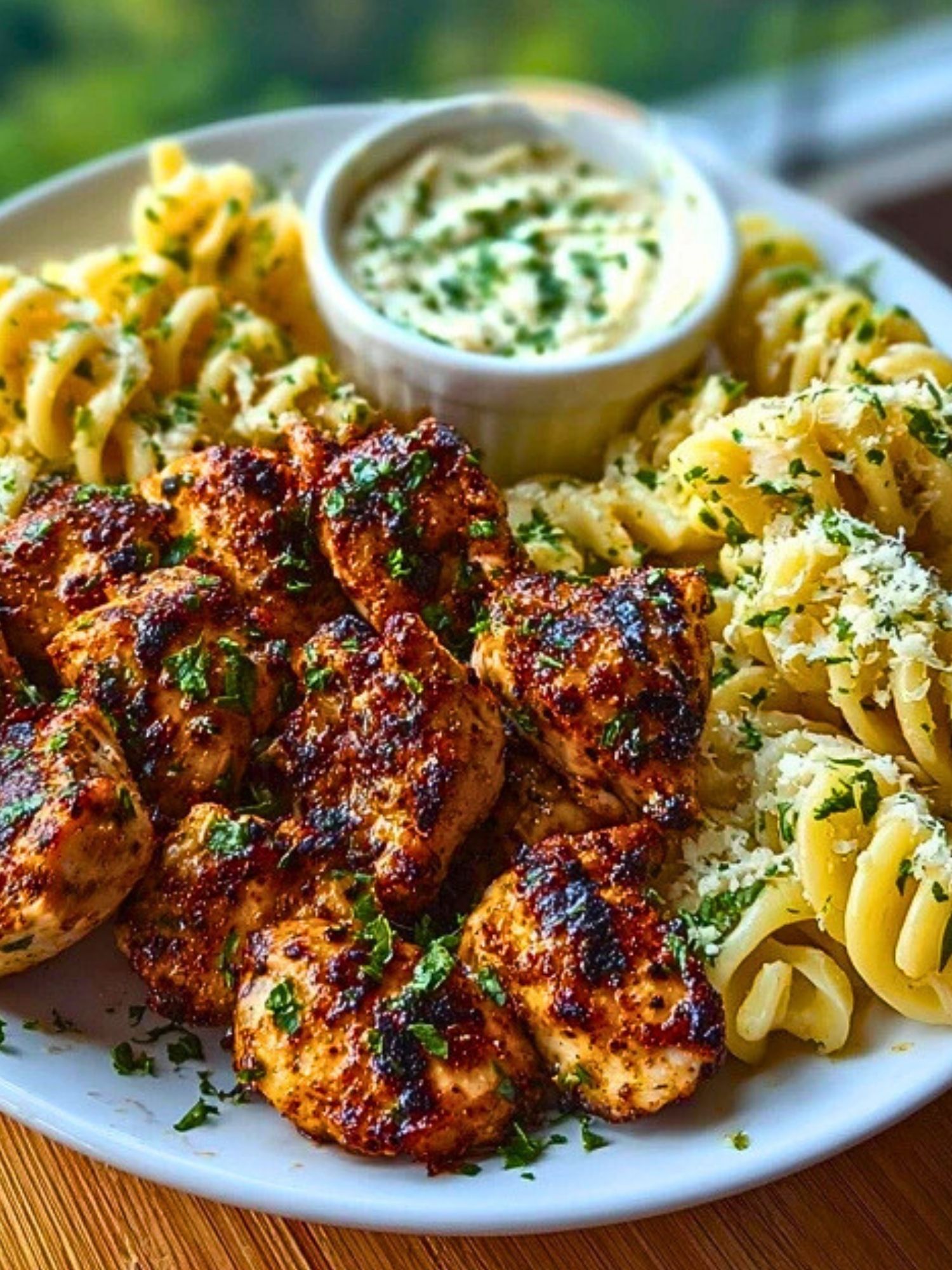 Lemon Cajun Chicken Bites with Creamy Garlic Herb Alfredo Twists