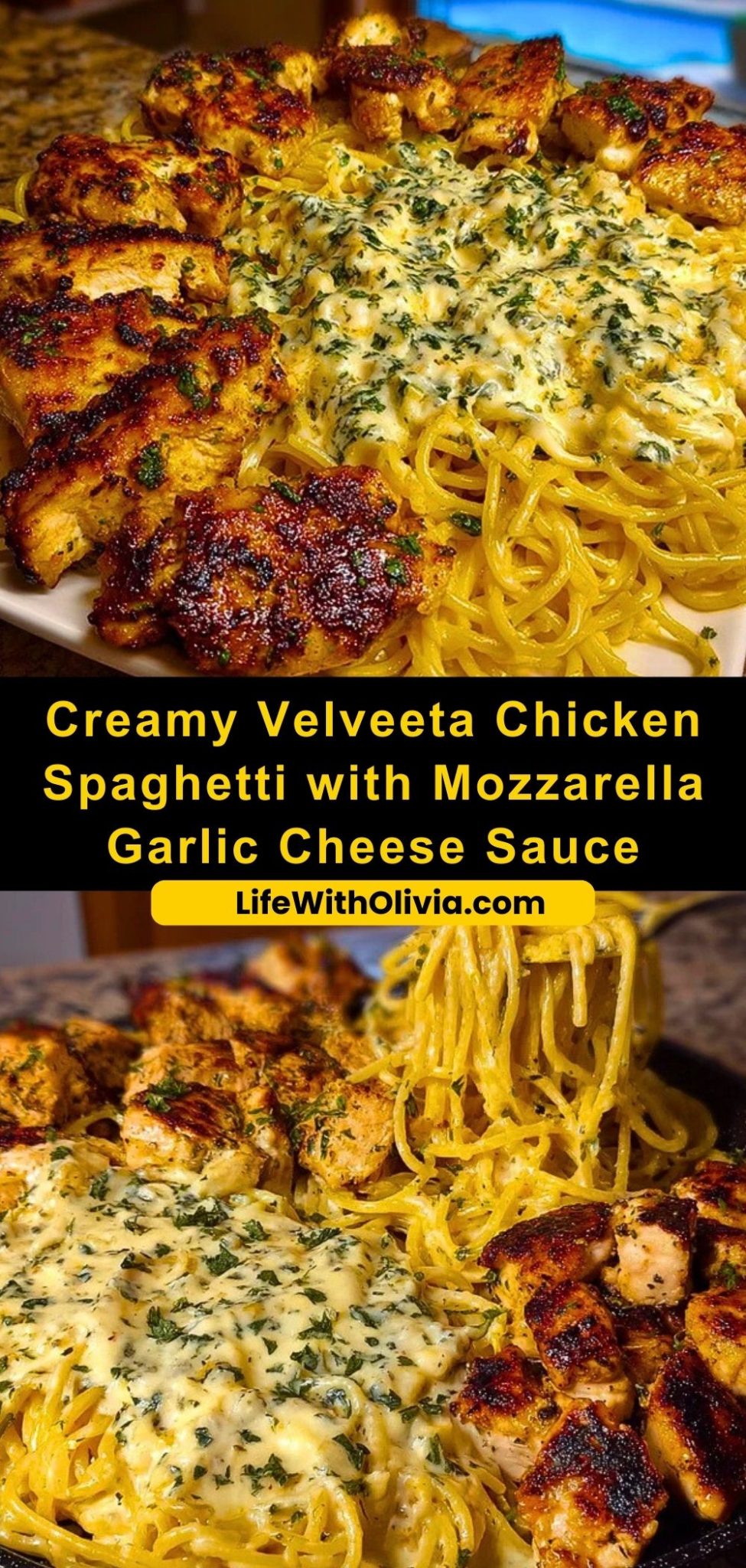 Velveeta Chicken Spaghetti with Mozzarella Garlic Cheese Sauce