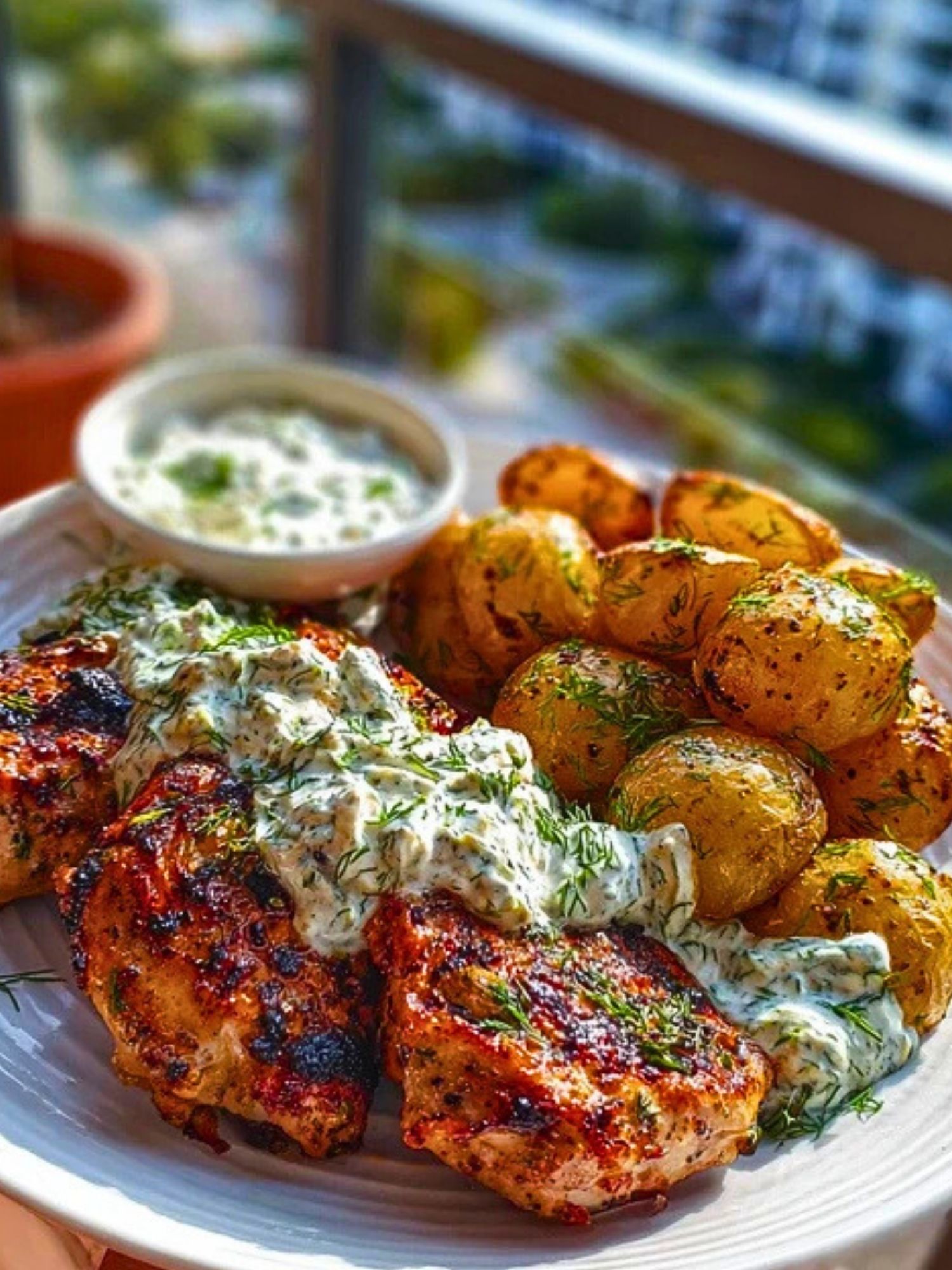 Spicy Yogurt Marinated Chicken with Dill Feta Cream & Crispy Baby Potatoes