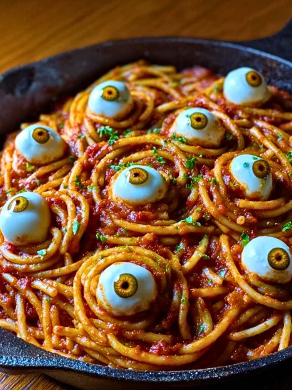 Bloody Spaghetti with Mozzarella Eyeballs