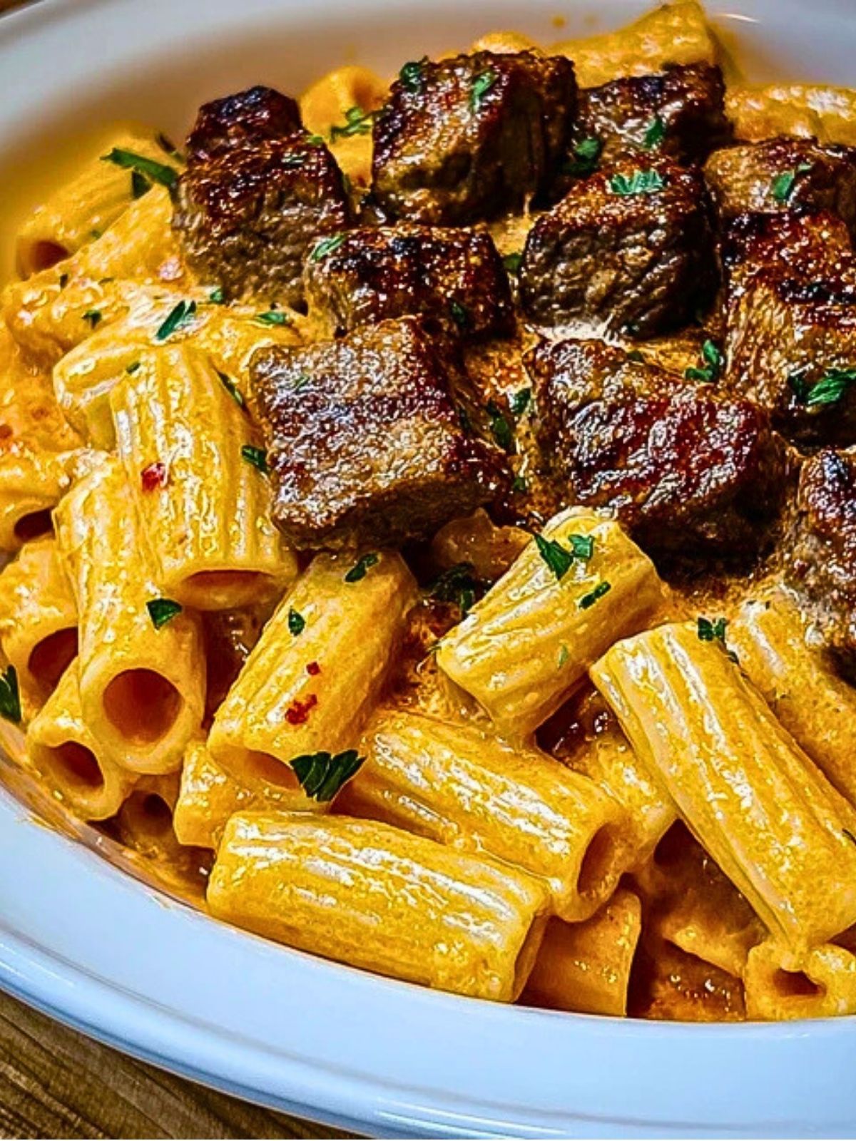Cajun Steak Tips in Cheesy Rigatoni Parmesan Sauce
